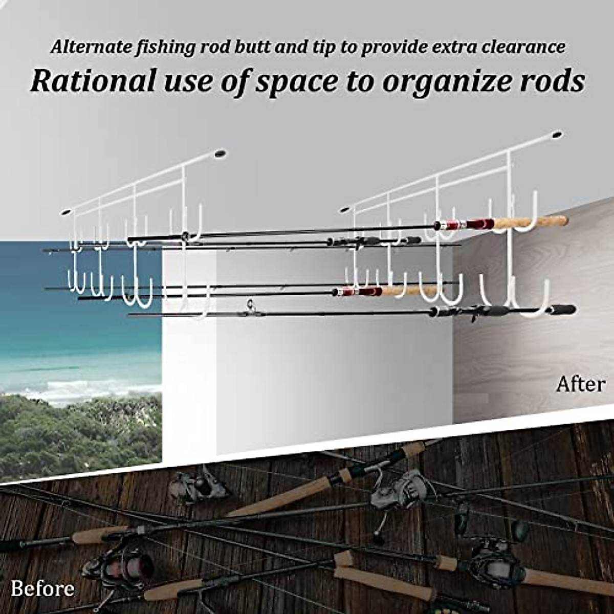 THKFISH Fishing Rod Holders for Garage Ceiling Fishing Rod Rack Store 16 Fishing Rod Combos Fishing Rod Rack for Garage Room Boats,1pair-BLACK