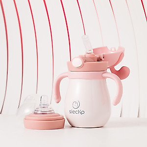 SIECKO Stainless Steel Baby Water Bottle - Straw Sippy Cups For Toddlers - 2 Kinds of Lids - Pacifier and Straw Sippy Cup - Double Walled - Insulated Baby Bottle - 9Oz