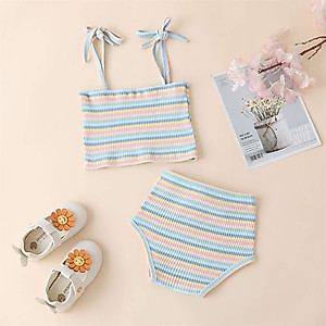 MODNTOGA Newborn Toddler Baby Girls Summer Clothes Set Rainbow Outfits Sleeveless Halter Tank Top Striped Shorts Pants (Blue Yellow, 3-6 Months)