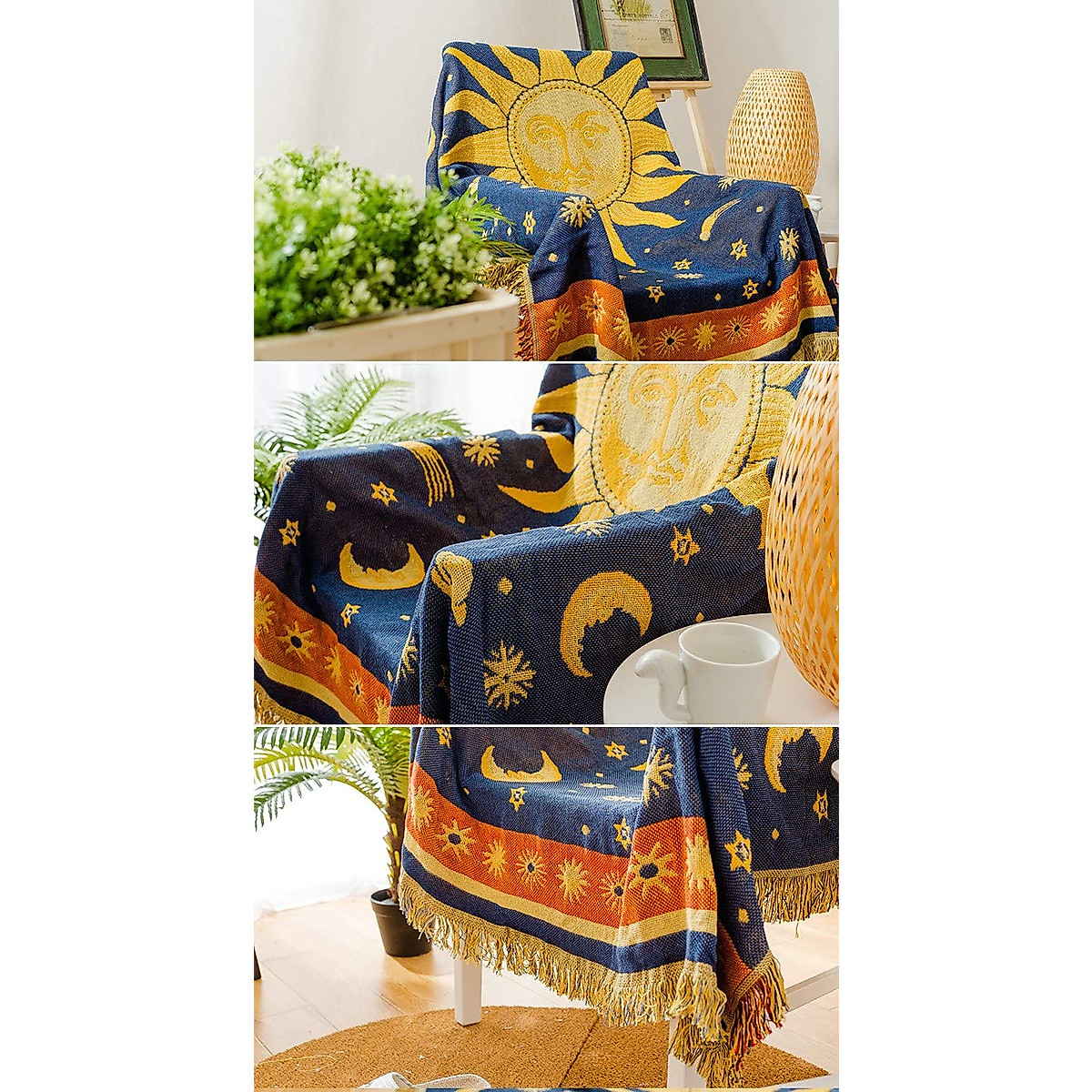 Erke Moon and Sun Throw Blanket Celestial Chair Recliner Cover Bed Spread Hippie Room Decor, Double Sided Cotton Woven Sofa Couch Furniture Aesthetic Throws - 50" X 70", Yellow/Blue