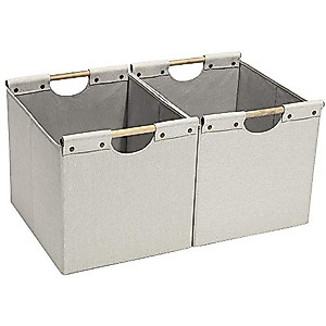 HOONEX Large Foldable Storage Bins, Linen Fabric, 2 Pack, with Wooden Carry Handles and Sturdy Heavy Cardboard, for Home, Office, Car, Nursery, Beige