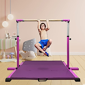 GLANT Gymnastic Kip Bar,Horizontal Bar for Kids Girls Junior,3' to 5' Adjustable Height,Home Gym Equipment,Ideal for Indoor and Home Training,1-4 Levels,300lbs Weight Capacity (Purple MAT)