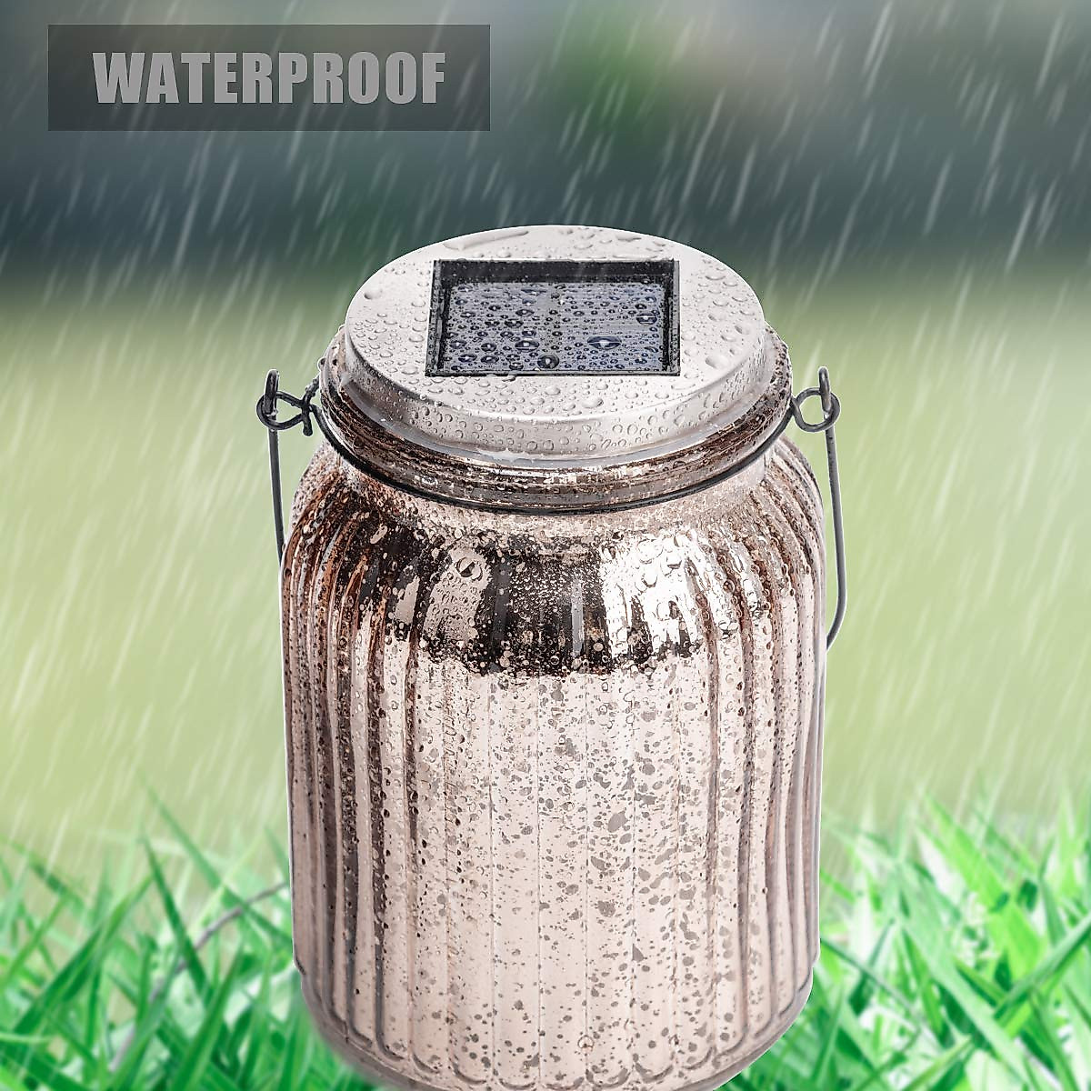 GIGALUMI Solar Powered Mercury Glass Mason Jar Lights, 2 Pack Hanging Solar Laterns Table Lights for Garden, Patio, Backyard.(Ideal Gift)