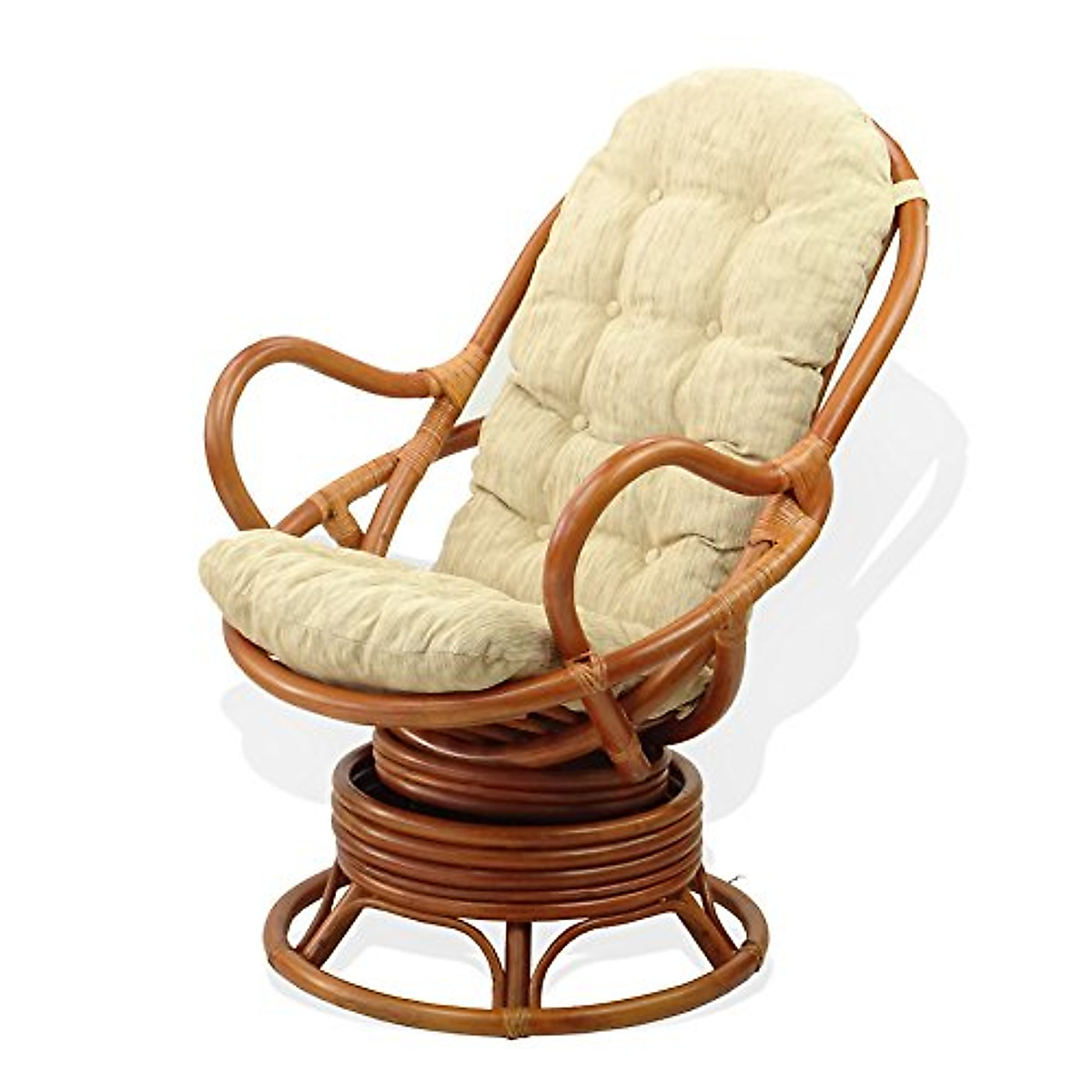 Lounge Swivel Rocking Java Chair Natural Handmade Rattan Wicker with Cream Cushion, Cognac