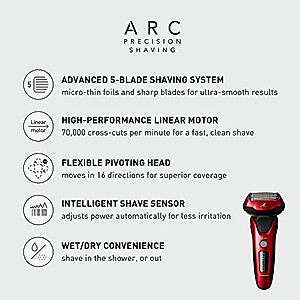 Panasonic ARC5 Electric Razor for Men with Pop-up Trimmer, Wet Dry 5-Blade Electric Shaver with Intelligent Shave Sensor and 16D Flexible Pivoting Head - ES-ALV6HR (Red)