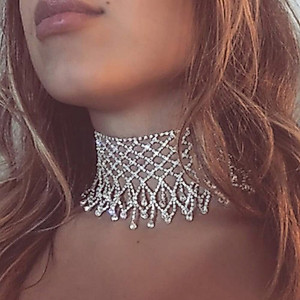 Chamvino Full diamond fashion exaggerated choker Water drop studded diamond tassel choker for Women's and girls gifts（gold/silver）