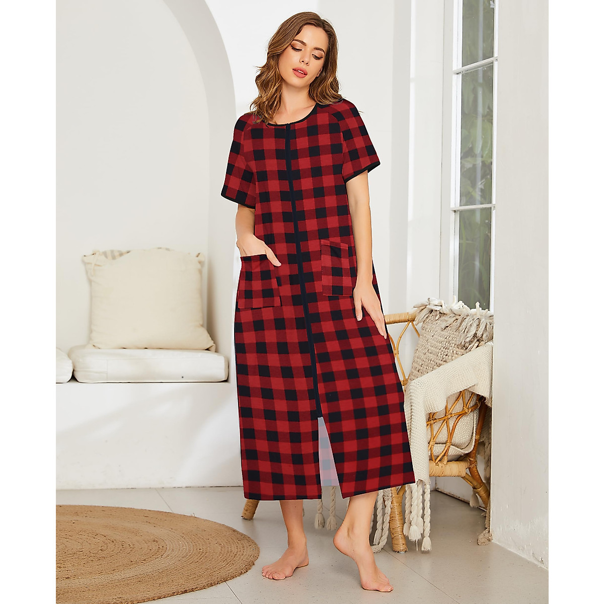Ekouaer Women Robes Zipper Front Short Sleeve Full Length Housecoat with Pockets Loungewear Red Plaid,2XL