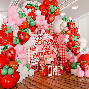 ALL-IN-1 Strawberry Balloon Arch Kit & Garland with BONUS Strawberry – Small and Large Red Pink Green Strawberry Balloons – Strawberry Shortcake Party Decorations Supplies for Birthday & Baby Shower