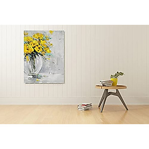 YHSKY ARTS Yellow Sun Flower in Vase Wall Arts - Hand Painted Still Life Canvas Oil Paintings - Modern Botanical Pictures for Living Room Bedroom Bathroom Decor