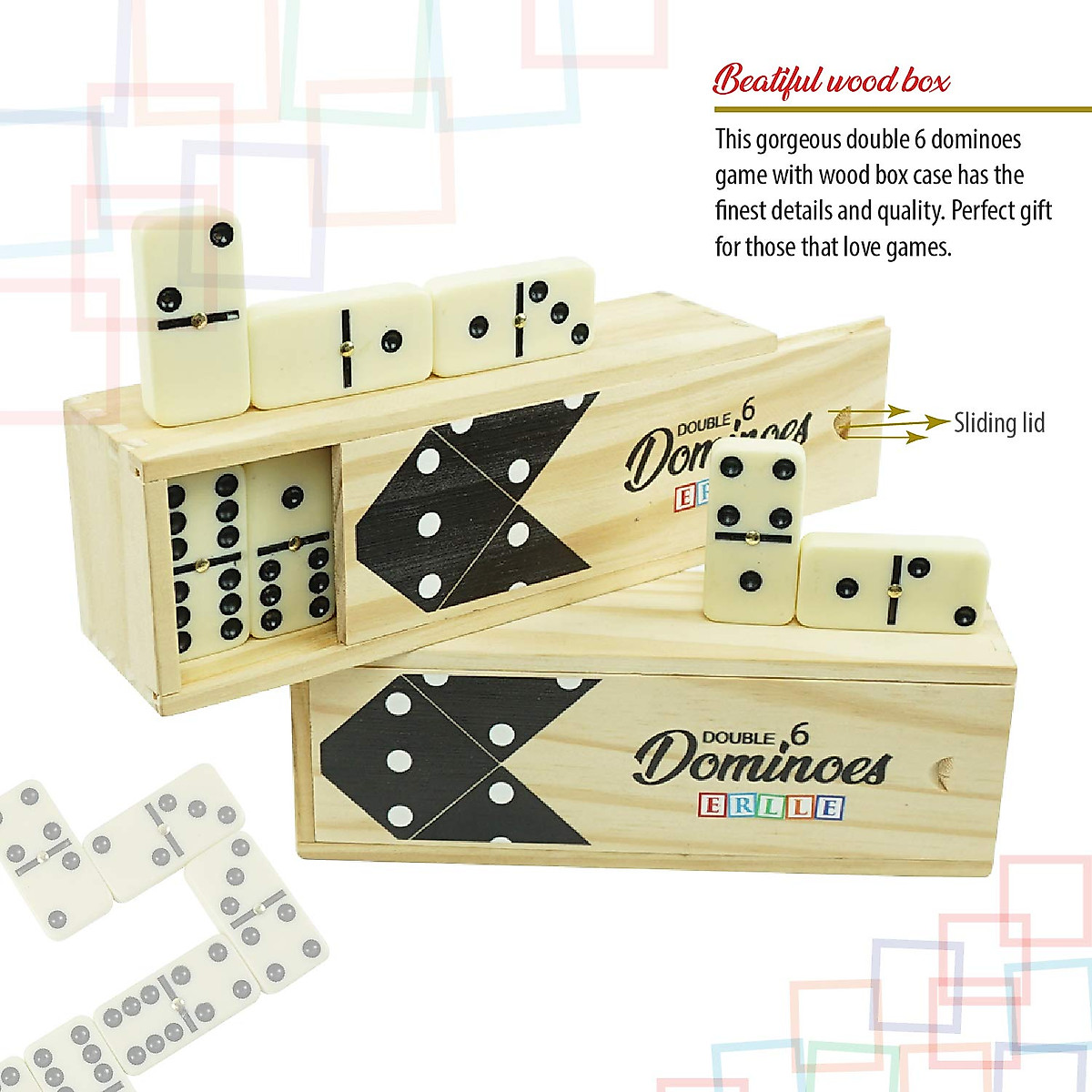 ERLLE Dominos Set Game. Premium Classic 28 Pieces Double Six Domino. Durable Wooden Box. Kids, Boys, Girls, Party Favors and Anytime Use. Duoble 6 Dominoes.(Wooden Pro)