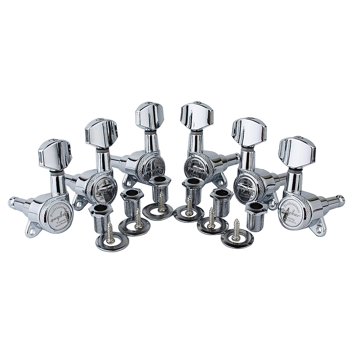 Guyker Guitar Locking Tuners (3L + 3R Handed) - 1:18 Lock String Tuning Key Pegs Machine Head with Hexagonal Handle Replacement for ST TL SG LP Style Electric, Folk or Acoustic Guitars - Chrome