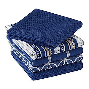 DII Assorted Woven Kitchen Set, Dishtowel, 18x28, Dishcloth, 13x13, Nautical Blue, 5 Piece