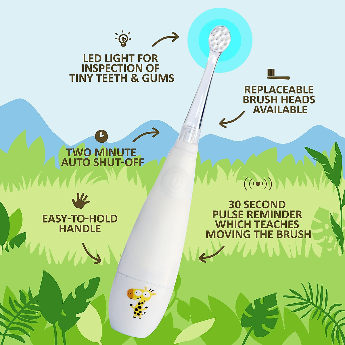 Jack N' Jill Tickle Tooth Sonic Electric Toothbrush with Replacement Head - Gentle Cleaning, Made for Tiny Teeth, LED Inspection Light, for Babies & Kids, Extra Soft Bristles - (1 Pack)