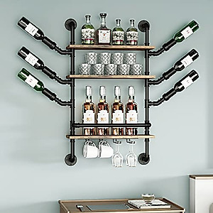 MAIKAILUN Wine Rack Wall Mounted with 4 Stem Glass Holder, Industrial Bar Shelves 34in Metal Hanging Stemware Mugs Rack, Floating Pipe Shelf, Living Room Kitchen Decor Display Wood Rack Black