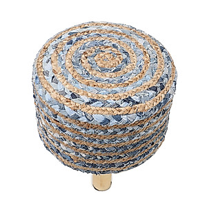 REDEARTH · Foot Stool -Handmade Wooden 4 Legs Jute and Denim Seat Footrest for Living Room, Bedroom, Nursery, kidsroom, Patio, Gym; 50% Cotton 50% Jute (16"x14"x14"; Levi Charm Denim Blue)