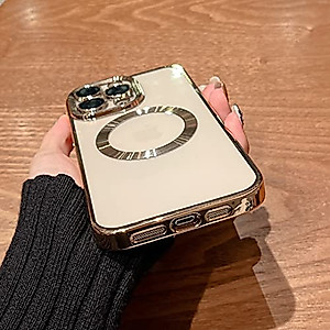Threehundred for iPhone 12 Pro Max Case Magnetic Clear with Camera Lens Protector Full Protection MagSafe Electroplated Silicone Dust-Proof Net Shockproof Protective Case Cover 6.7 Inch - Gold