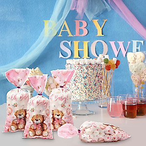 Pajean 100 Pack Bear Baby Shower Treat Bags Bear Cellophane Candy Bag Bulk Plastic Goodie Gift Bags with Metallic Twist Ties for Gender Reveal Birthday Party Favors (Pink)
