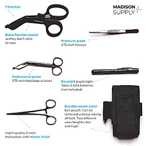 Madison Supply - EMT and First Responder Medical Tool Kit: Adjustable Nylon Belt Pouch, Premium First Aid Gear: EMT Shears, 5.75" Bandage Scissors, 5.75" Forceps, 6" Hemostat, and Pupil Light