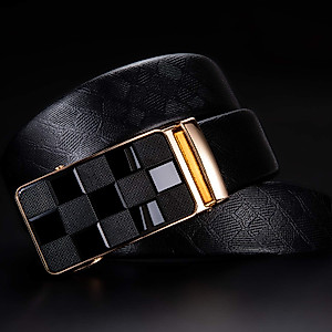 Dubulle Designer Men Leather Belt Fashion Black Plaid Sliding Adjustable Automaitc Rachet Buckle for Dress Casual