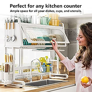 wercome Over The Sink Dish Drying Rack 3 Tier Large Kitchen Sink Shlef Dish Rack Over The Counter Metal Dish Drying Rack Adjustable (28.34"-31.49") (White)