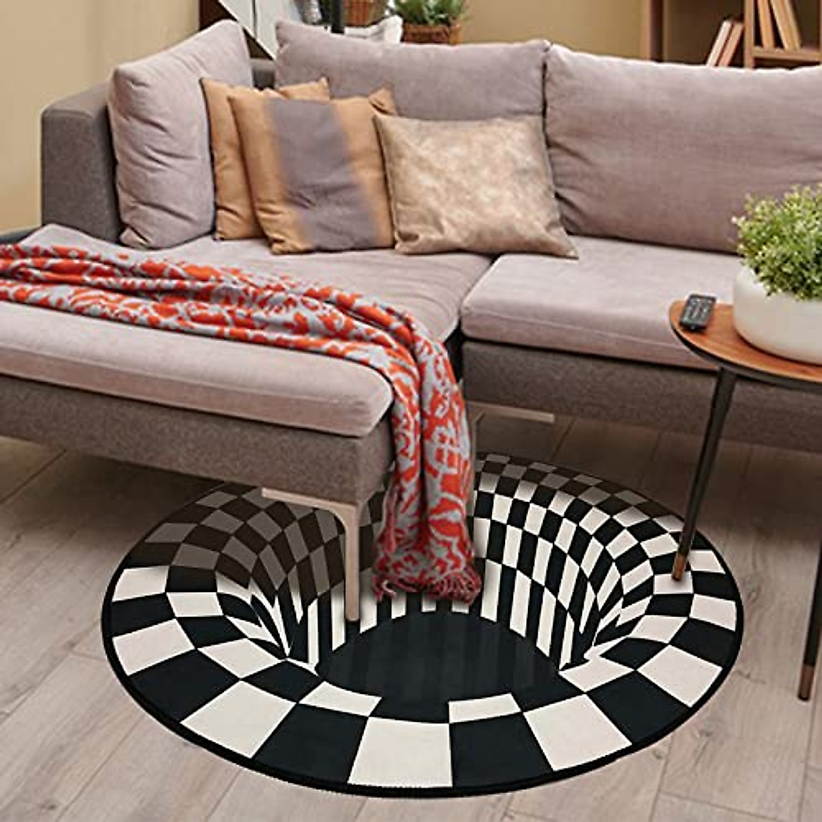 TTSITG 3D Visual Illusion Area Rug, Black and White Stereo Vision Circular Blanket Durable Black Hole Stereo Vision Zebra Non-Slip Area Rugs for Bedroom, Playroom, Kids Room, Living Room (16 inch)