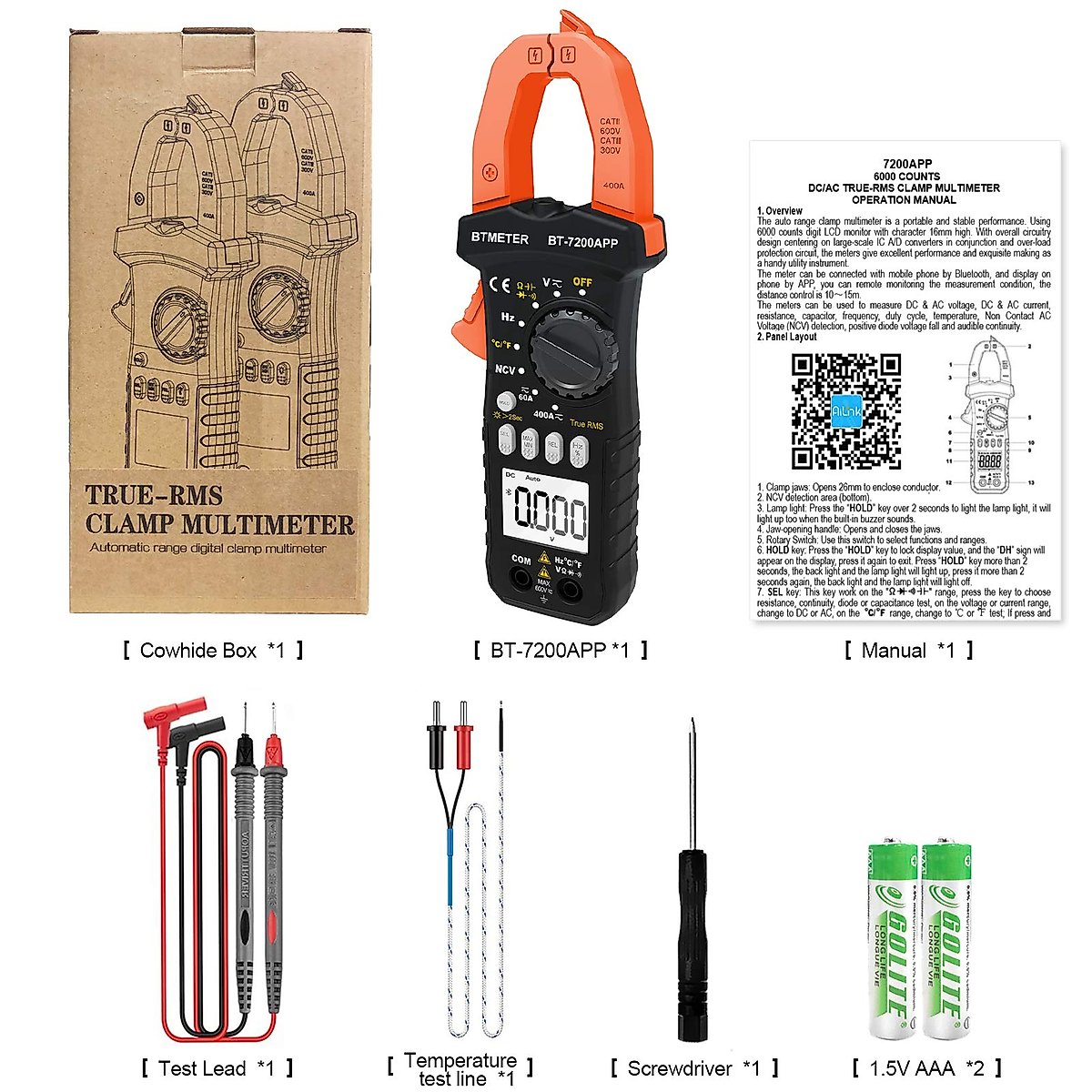 BTMETER BT-7200APP TRMS 6000 Counts Clamp Multimeter, Digital Clamp-on Ammeter for AC/DC Current Voltage Resistance Capacitor Frequency Continuity Temperature NCV Meter