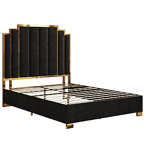 AMERLIFE Queen Size Upholstered Bed, Modern Velvet Bed Frame with 61.4” Tall Gold Trim Headboard, No Box Spring Needed, Black
