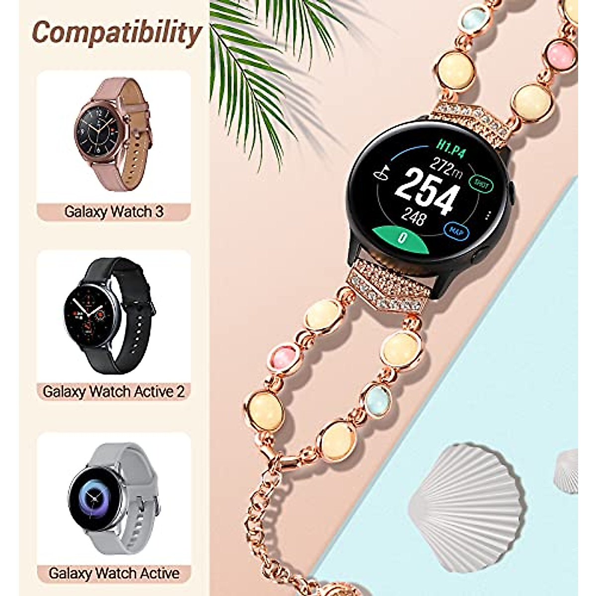 TiMOVO Beaded Fashion Band Compatible with Galaxy Watch Active 2/Active/Galaxy Watch 7/6/5/4 40mm 44mm, Elastic Beaded Night Luminous Beads Band Strap for Women, Rose Gold