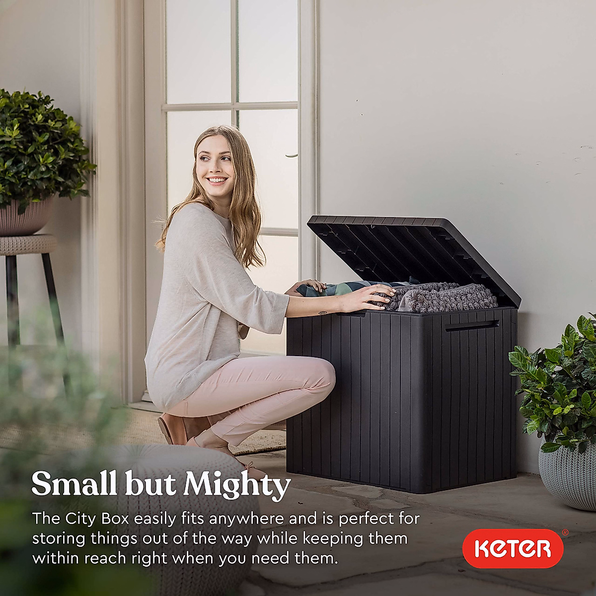 Keter Solana 70 Gallon Storage Bench Deck Box, Brown/Brown & City 30 Gallon Resin Deck Box for Patio Furniture, Pool Accessories, and Storage for Outdoor Toys, Grey