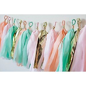 Hand Made 16 x Mint Pink Gold Apricot Tissue Paper Tassels for Party Wedding Gold Garland Bunting Pom Pom by Originals Group