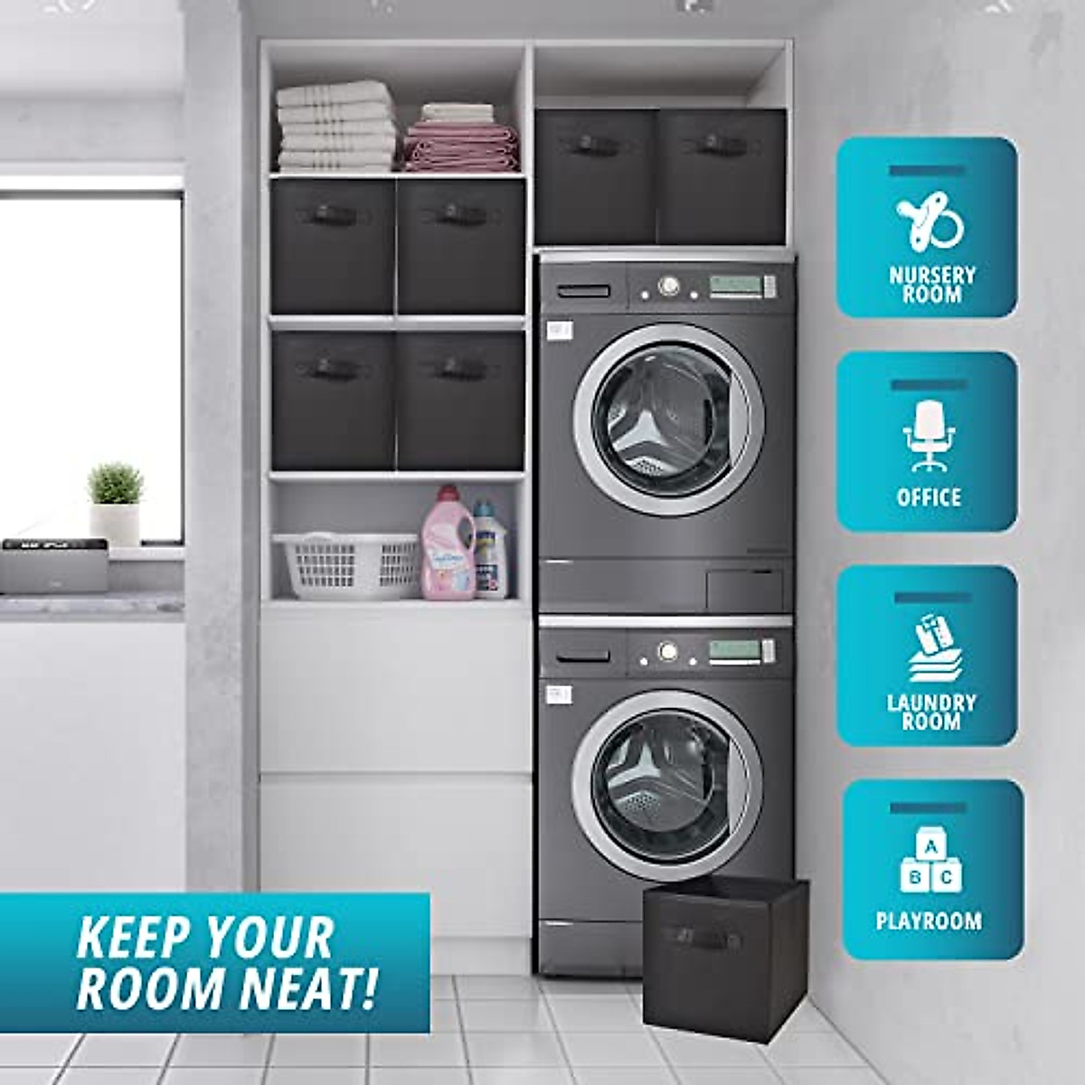 Klozenet 11 inch cube storage bins 8-pack, Fabric Collapsible Storage Bins Durable and Sturdy With Handle For Closet Shelves, Storage, Books, Cloth and Toys/ foldable Cubby Organizer, (Black)