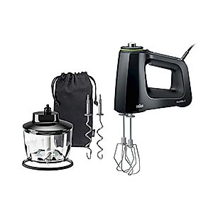 Braun Electric Hand Mixer, 9-Speed, 350W, Lightweight with Soft Anti-Slip Handle, Accessories to Beat & Whisk (Multi-Whisk), Dough Hooks to Knead & 2-Cup Chopper + Storage Bag, MultiMix 5, HM5130