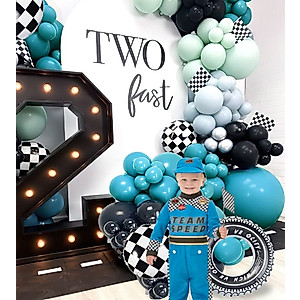 Race Car Balloon Garland Kit 130Pcs Two Fast Birthday Decorations Blue and Green White & Checkered Flag Balloons, Race Cars Party Supplies