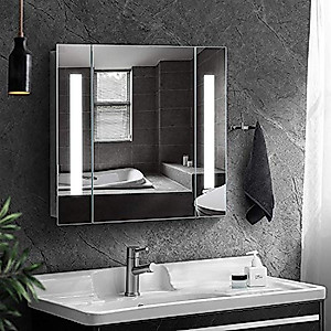 DANGJIN 25 x 23 Inch LED Lighted Bathroom Medicine Cabinet with Mirror, Aluminum Surface Led Medicine Cabinet, Adjustable Glass Shelves, Waterproof and Rust-Resist, Wiring Power Supply, On/Off Button