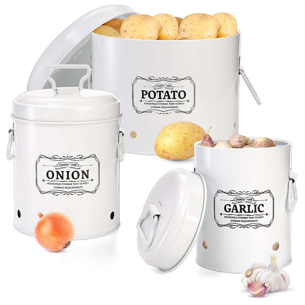 Suwimut Set of 3 Vegetable Storage Tins, Metal Potato Onion Garlic Storage Bin, Kitchen Canisters Vegetable Fresh Keeper Garlic Container Onion Keeper Potato Bin with Aerating Holes and Lid