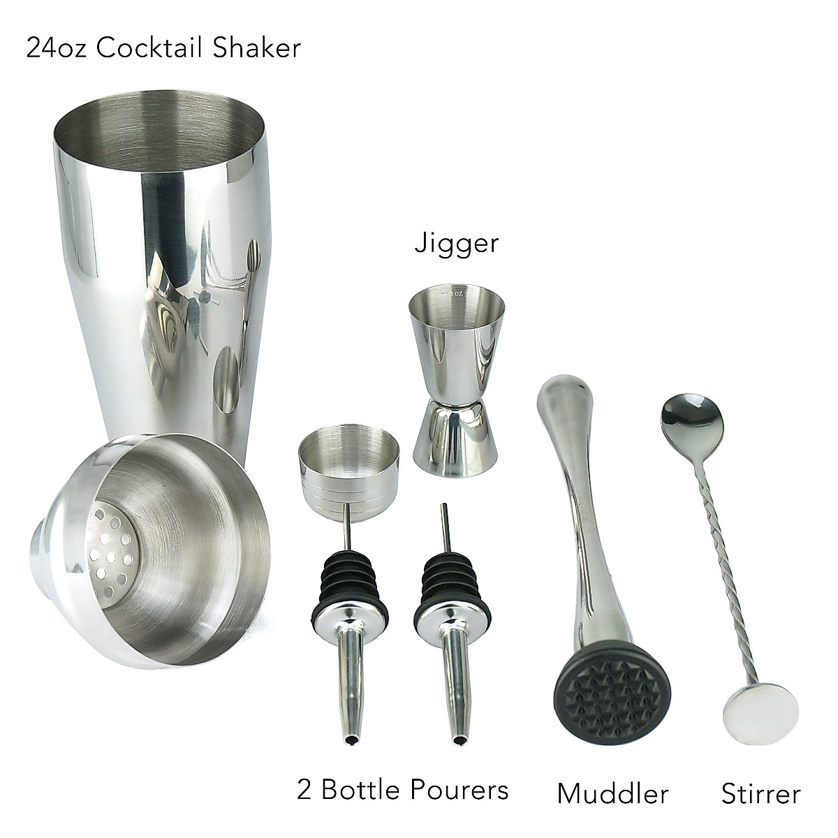 PG Professional Bartender Kit - 6PC Premium Cocktail Stainless Steel Shaker Set - 24oz Martini Shaker Gloss Finish, with Muddler, Stirring Spoon, 2x Wine Pourer, and Double Jigger