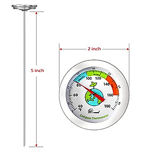 Compost Thermometer, Backyard Compost Thermometer 5" Stem Long, 2 Inch Dial Soil Thermometer, Easy Reading & Accurate, Sturdy Stainless Steel, with Composting Temperature Guide, 40-180 Degrees F