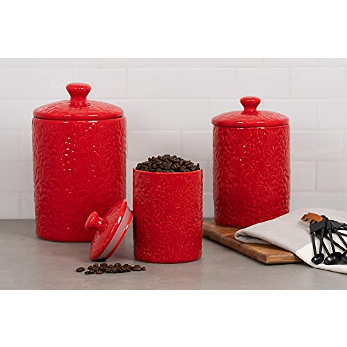 10 Strawberry Street Kitchen Canister Set, Fleur Red (Pack of 3)