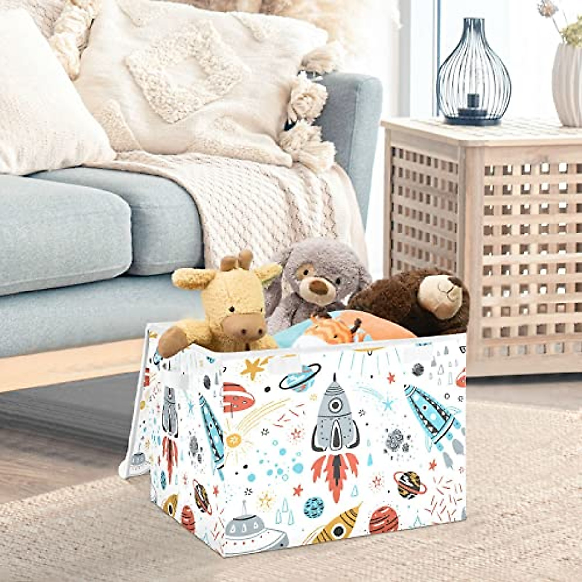 Space Rockets Planets Storage Bin with Lid Large Oxford Cloth Storage Boxes Foldable Home Cube Baskets Closet Organizers for Nursery Bedroom Office