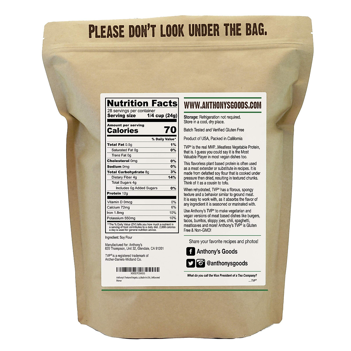 Anthony's Textured Vegetable Protein, TVP, 1.5 lb, Gluten Free, Vegan, Made in USA, Unflavored