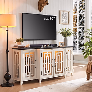 JXQTLINGMU TV Stand for 80 Inch TV, Farmhouse Entertainment Center with RGB LED Light, Media Console with 3 Ultra Large Storage Cabinets and 3-Sides Hollow Out for Living Room, Bedroom, Antique White