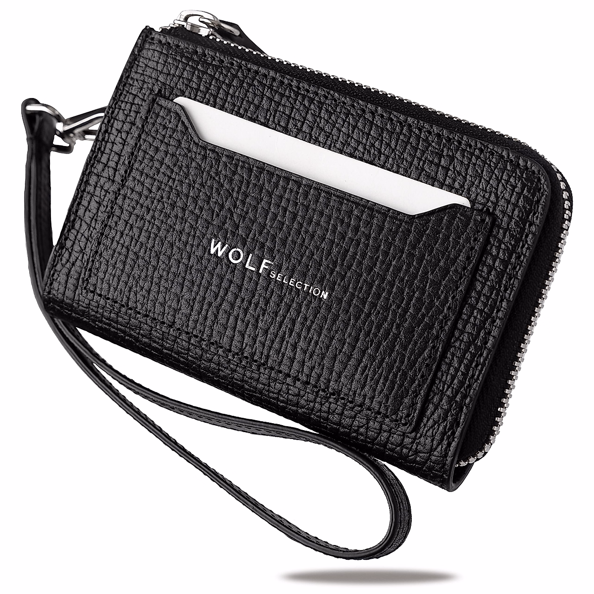 WOLFselection Genuine Leather Wallet with Wrist Lanyard for Men Women - Key and Credit Card Holder Wallets - Zip Wallet for Cash Notes ID Driver's License