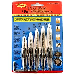 FTG USA Wood Countersink Drill Bit Set 5 Sizes Set Countersink #4, 6, 8, 10, 12 Tapered Drill Bits with Hex Shank Countersink bit, 2 Stop Collar, 1 Allen Wrench, 6 Storage Containers