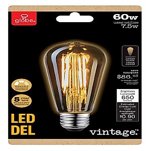 Globe Electric 34838 60W Equivalent Soft White (2150K) Vintage Edison ST19 Dimmable LED Light Bulb 4-Pack, E26 Base, 450 Lumens, Amber Glass, 4 Count (Pack of 1), 4 Piece