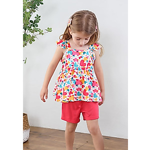 Popshion Girls Valentine's Day Outfit Toddler Girls Summer Clothes 2 Piece Set Heart Ruffle Sleeveless Shirt and Red Short Clothing Set Size 3t/6653