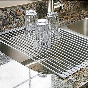 iPEGTOP Roll Up Dish Drying Rack with 304 Stainless Steel Plates Holder Pot Lid Organizer, Over The Sink Kitchen Foldable Multipurpose Dish Drainer Rack for Fruits Vegetable,16.9" x 12.6"