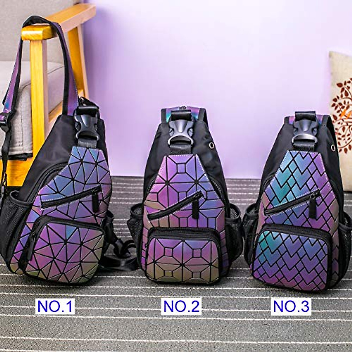Geometric Luminous Backpacks Holographic Reflective Bag Lumikay Purse Irredescent Crossbody Bag Prism Sling Bag for Women Men NO.2
