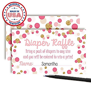 Polka Dot Pink & Gold Themed Diaper Raffle Tickets for Girl Baby Showers, 20 2" X 3” Double Sided Insert Cards for Games by AmandaCreation, Bring a Pack of Diapers to Win Favors & Prizes!
