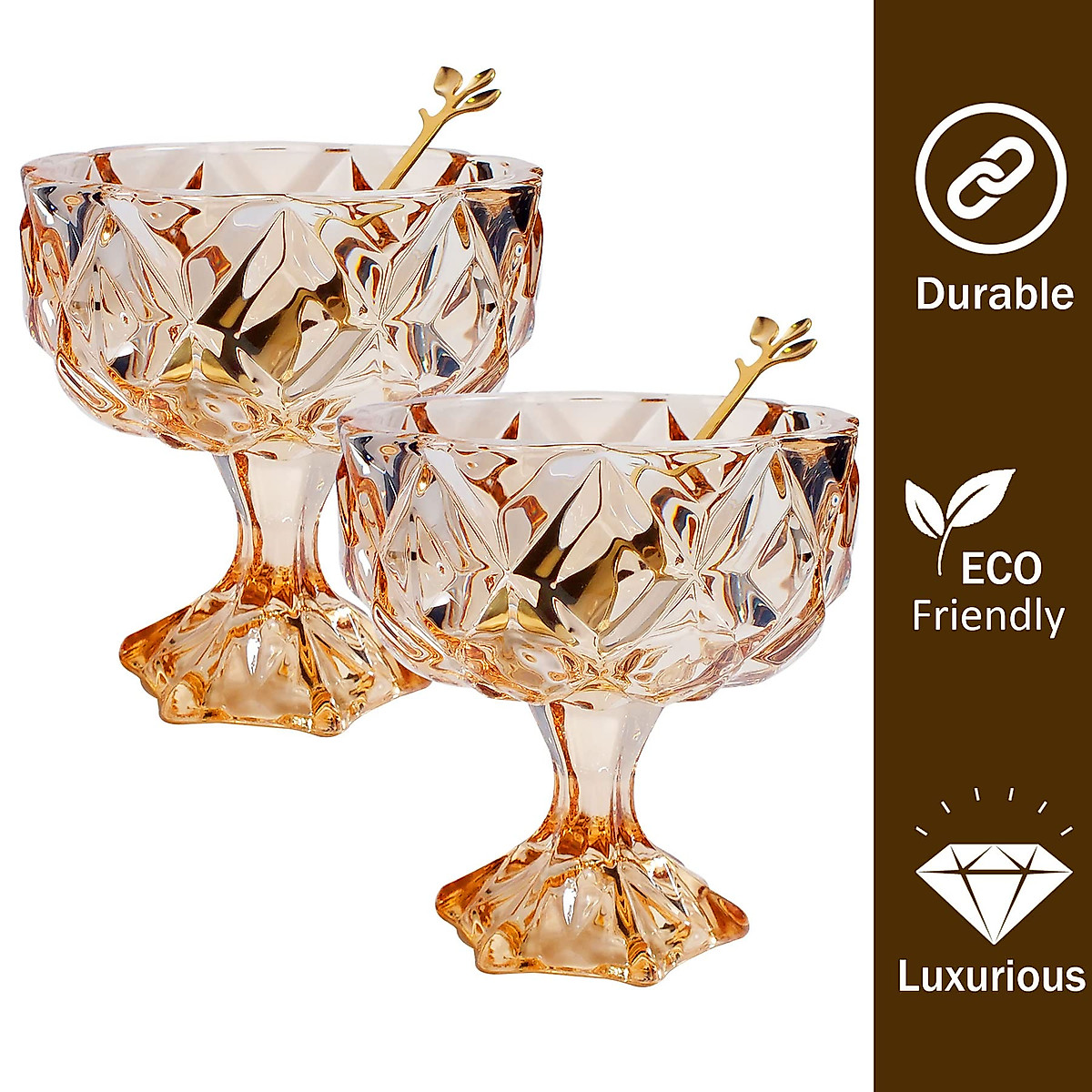 binsakao Amber Glass Dessert Bowls with Spoon, Ice Cream Bowls for Fruit Salad Milkshakes Trifle Pudding Snack Cocktail Drinks Condiment Sundae Party (10 oz, Set of 2)