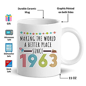 60th Birthday Gifts for Women, Funny 60 Year Old Gift Coffee Mug, 1963 60th Birthday Mugs for Her, Mom, Aunt, Wife, Sister, Grandma, Friend, 11 oz Tea Cup Making the World a Better Place Since 1963